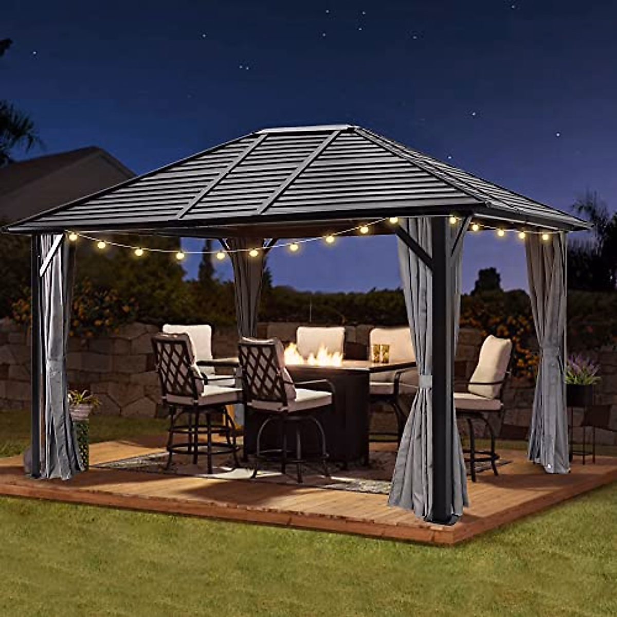 Funny Sunny 10' x 12' Patio Hardtop Gazebo - Outdoor Heavy Duty Gazebo with Aluminum Frame, Galvanized Hardtop Gazebo with Breathable Netting for Garden, Lawns, Party, Poolside