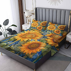 Sunflower Sheets Full Size, Yellow Floral Plant Bed Sheets, Patterned Bedding Sheets & Pillowcases 4 Piece Set - Soft Microfiber Deep Pocket Fitted Sheet & Flat Sheet & 2 Pillow Cases K0-&-320