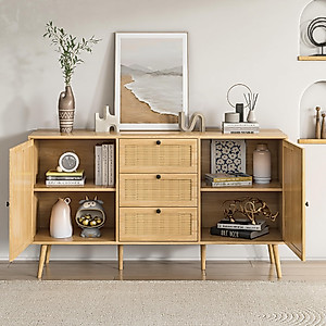 Rattan Sideboard Buffets Cabinet Farmhouse Boho Buffet Sideboard with 3 Drawers and 2 Doors Storage Cabinet Adjustable Shelves Console Table Cupboard Accent Cabinet for Living Room Kitchen