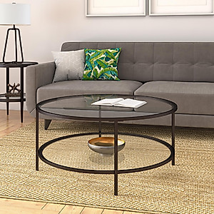 Henn&Hart 36" Wide Round Coffee Table with Glass Top in Blackened Bronze, Modern coffee tables for living room, studio apartment essentials