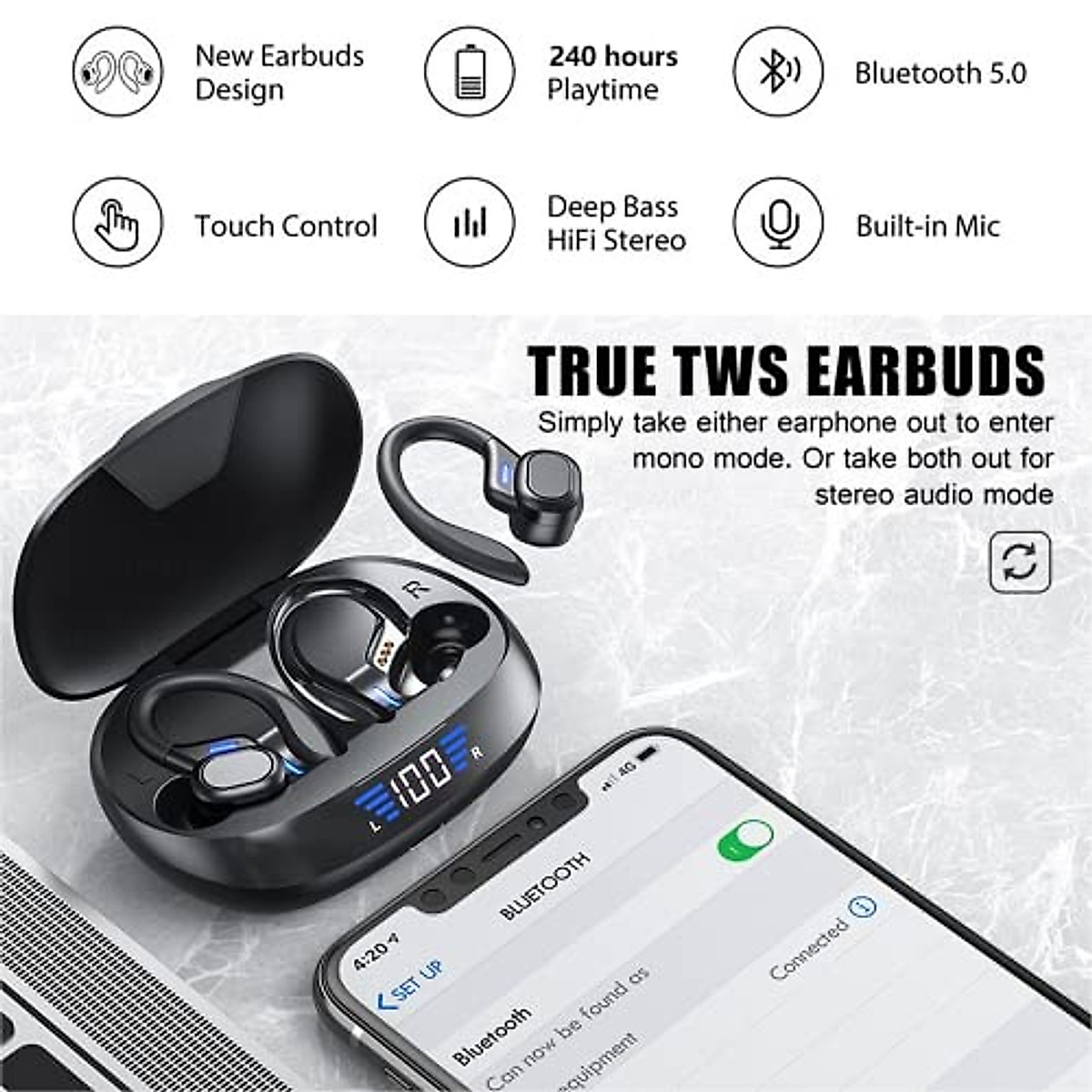 JIMYAO VV2 Wireless Bluetooth Gaming Earbuds Waterproof with Ear Hook and Microphone Headphones Low Latency Not Easy to Fall Off Black