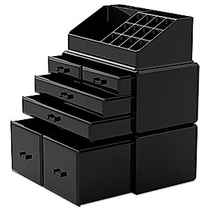 READAEER Makeup Organizer 3 Pieces Cosmetic Storage Case with 6 Drawers (Black)