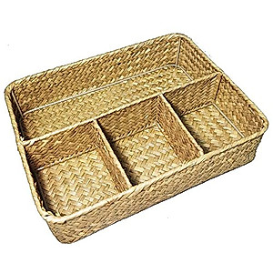 Rectangular Woven Seagrass Storage Basket Box with 4 Compartments, Key Basket Wallet Tray Entryway Table with Wire Frame, Water Hyacinth Divided Basket Organizing for Tissue, Charger, Exxacttorch