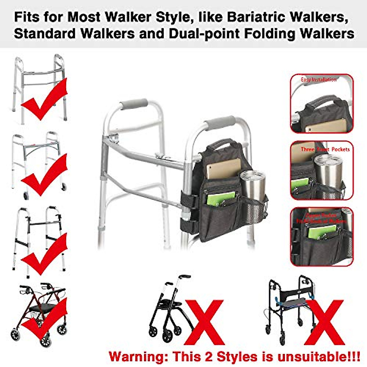 Side Walker Bags,Walker Organizer Pounch for Rollator and Folding Walkers,Walker Side Accessories for Elderly, Seniors, Handicap, Disabled (Double Sided) (Black)