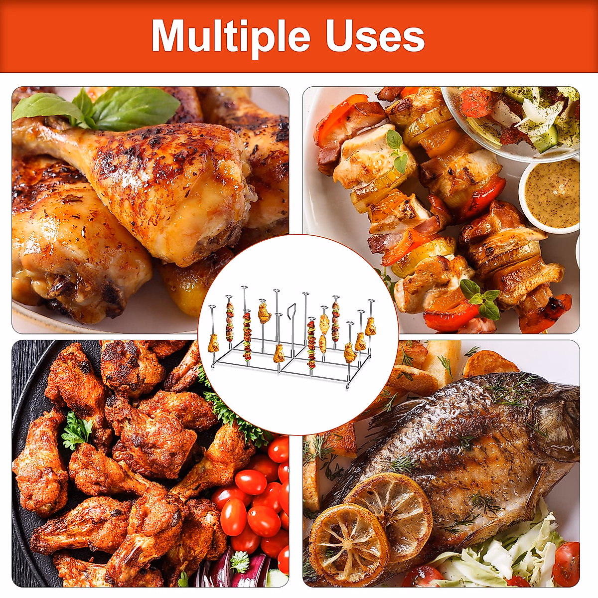 Air Fryer Skewer Stand Rack Compatible with Ninja Foodi Air Fryer DZ201, DZ401, Stainless Steel Skewers Rack Holder with Silicone Mat for 8 Qt Air Fryer Accessories, Skewer Accessory for Kabobs