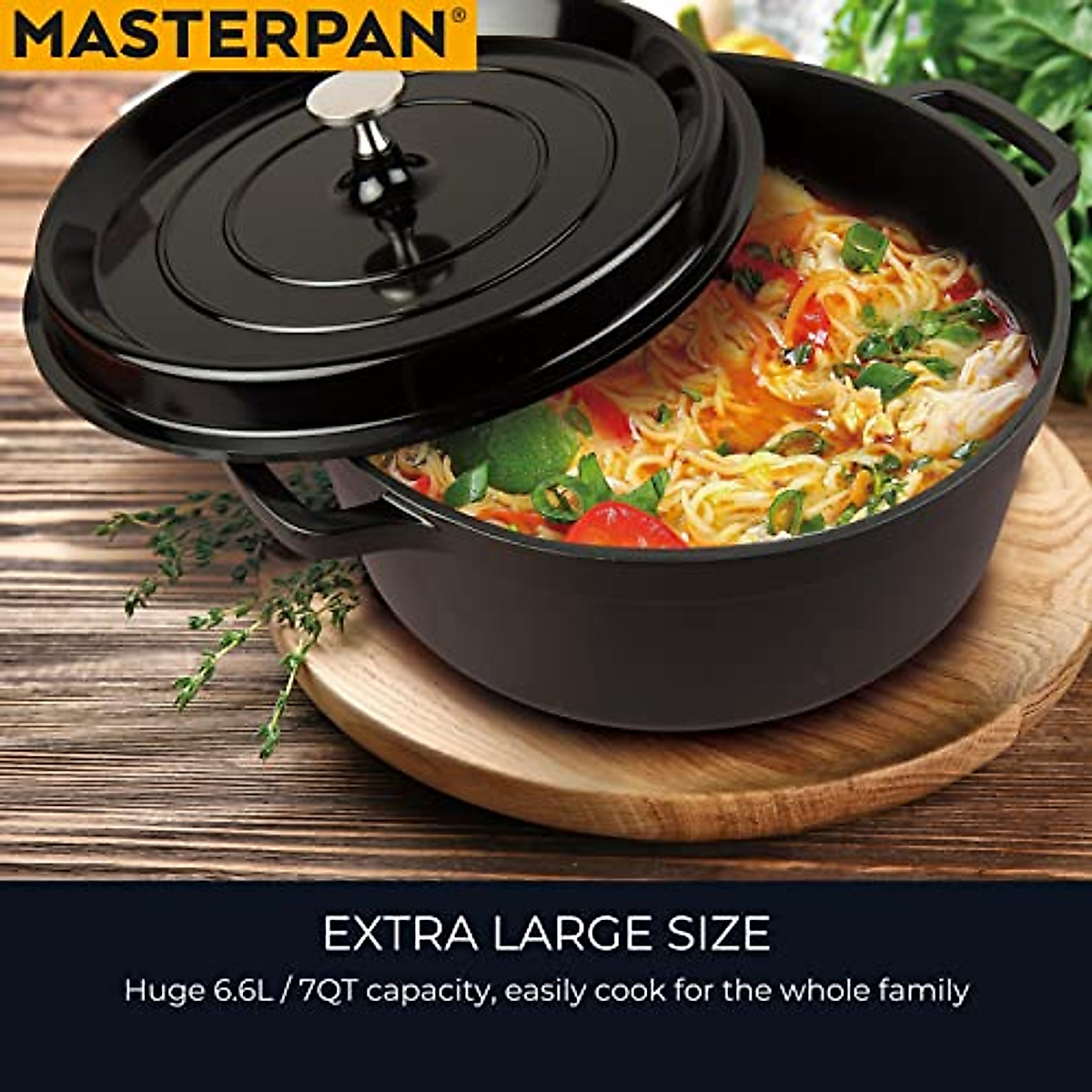 MasterPan 7 Quart Non-Stick Cast Aluminum Dutch Oven Casserole Stockpot 11", Black