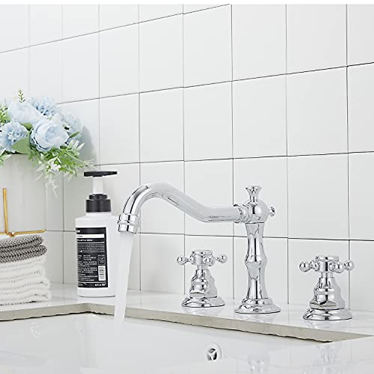 GGStudy Two Handles 3 Holes 8-16 inch Widespread Bathroom Sink Faucet Chrome Basin Mixer Tap