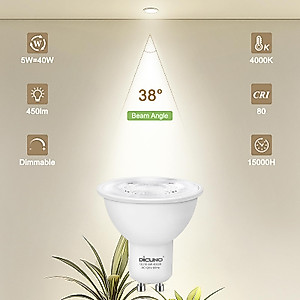 DiCUNO GU10 LED Bulb Dimmable, 40W Equivalent, Natural White 4000K, 450LM, MR16 GU10 LED for Spotlight, Track Lighting, 5W LED Light Bulb with 38° Beam for Kitchen, Range Hood, Living Room, Pack of 6