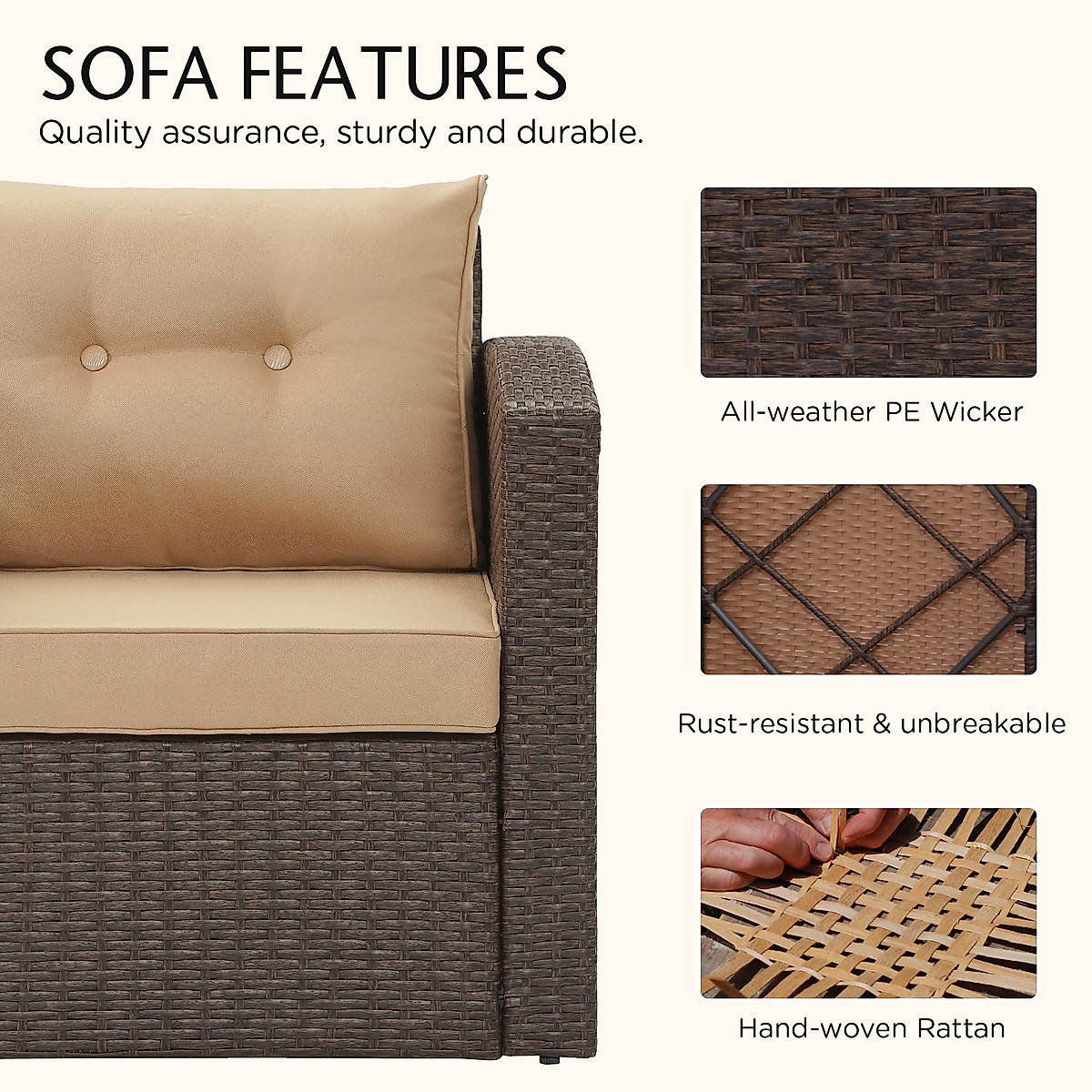 SUNVIVI OUTDOOR Patio Couch Sofa,4-Seat Outdoor Wicker Brown Rattan Sectional Couch Furniture Aluminum Frame with Non-Slip Beige Cushion