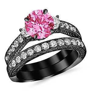 2.03 Carat 14K Black Gold Three Stone Vintage With Milgrain & Filigree Bridal Set with Wedding Band & Diamond Engagement Ring with a 1 Carat Natural Pink Sapphire Center (Heirloom Quality)