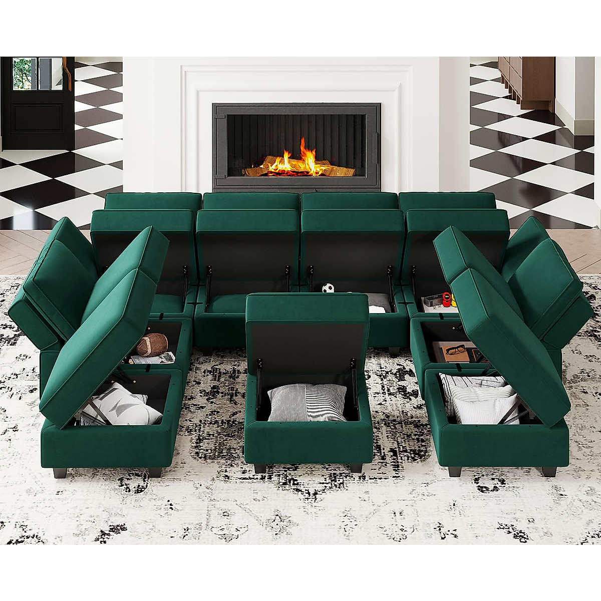 Belffin Modular Sectional Sofa Set Oversized U Shaped Couch with Storage Seat Sectional Sleeper Sofa with Chaise Green