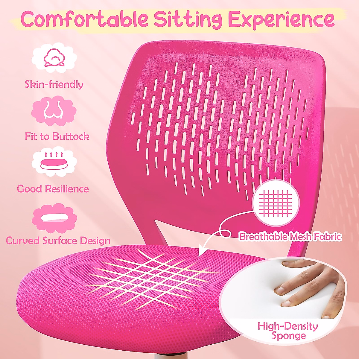 HONEY JOY Kids Desk Chair, Children Study Chair w/Adjustable Height, Low Back, Swivel Rolling Mesh Task Student Chair, Kids Computer Chair for Teens Girls Boys Home/School/Office (Rose)