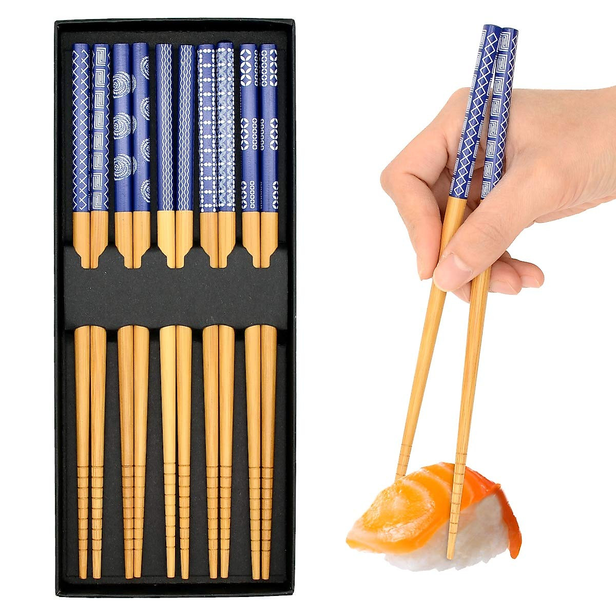 OMyTea Chopsticks Reusable - Japanese Bamboo Chopsticks 5 Pairs Gift Sets, 8.9 Inch/22.5cm, for Sushi, Ramen, Noodles, Rice, Travel, Camping (Japanese Blue)