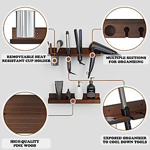 Wooden Hair Tool Organizer Wall Mounted - 17"x5" 2PC Set - Blow Dryer Holder & Hair Storage Organizer - Perfect for Heat Tools, Curling Iron or Hair Dryer Storage - Mounting Hardware Included