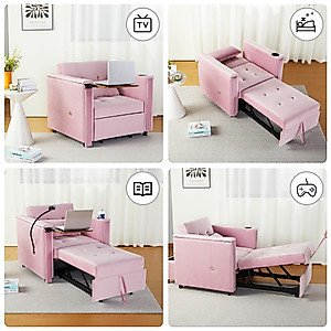 weselon Velvet Convertible Chair Bed, 3 in 1 Multi-Functional Lounge Chair Sleeper, Pull Out Couch Guest Bed with Hidden Table and Adjustable Backrest for Living Room Small Space Apartment (Pink)