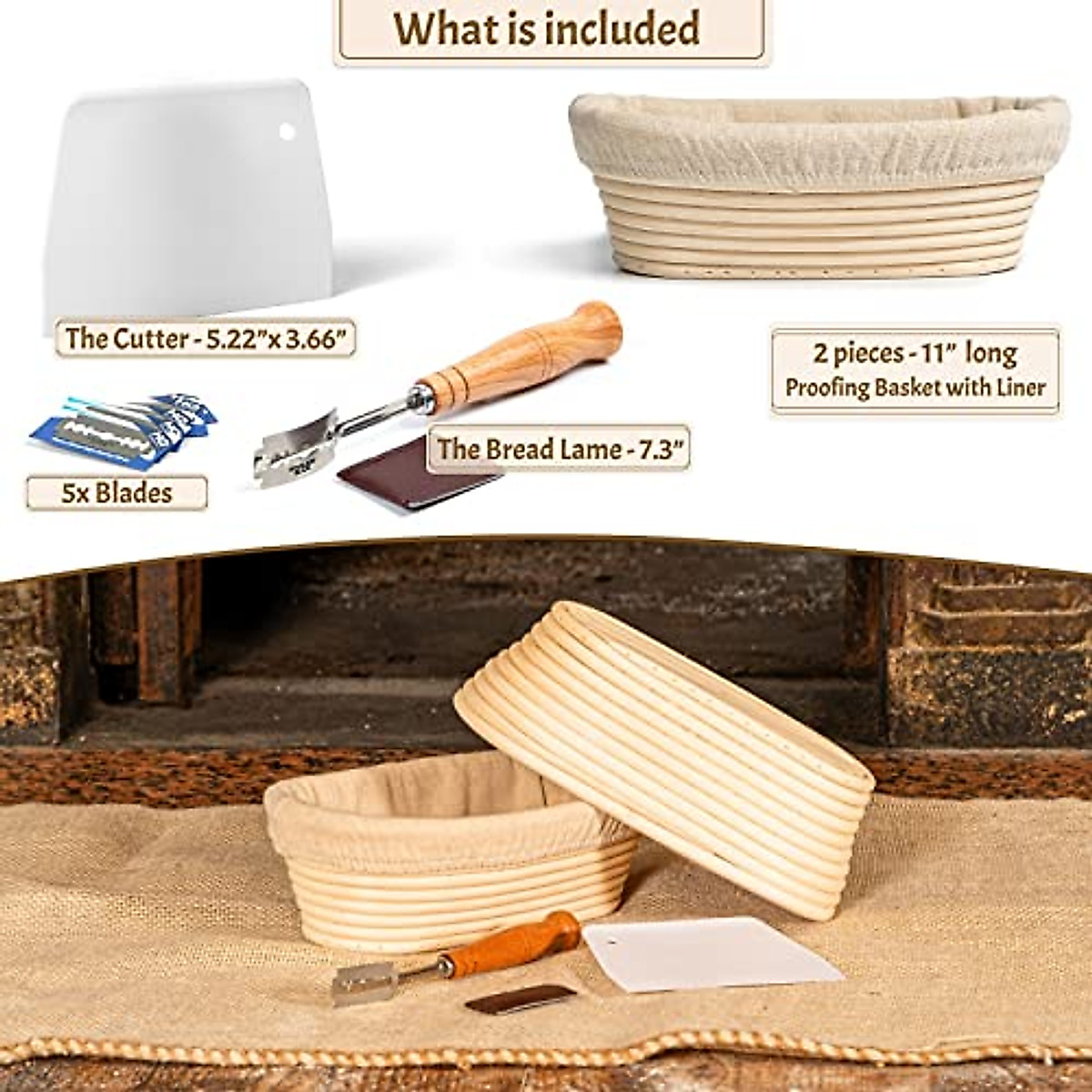 11 Inch Oval Bread Banneton Proofing Basket with Liner Cloth– Set of 2 + Premium Bread Lame and Slashing Scraper, the ideal Baking Bowl for Sourdough and Yeast Bread Dough by Criss Elite