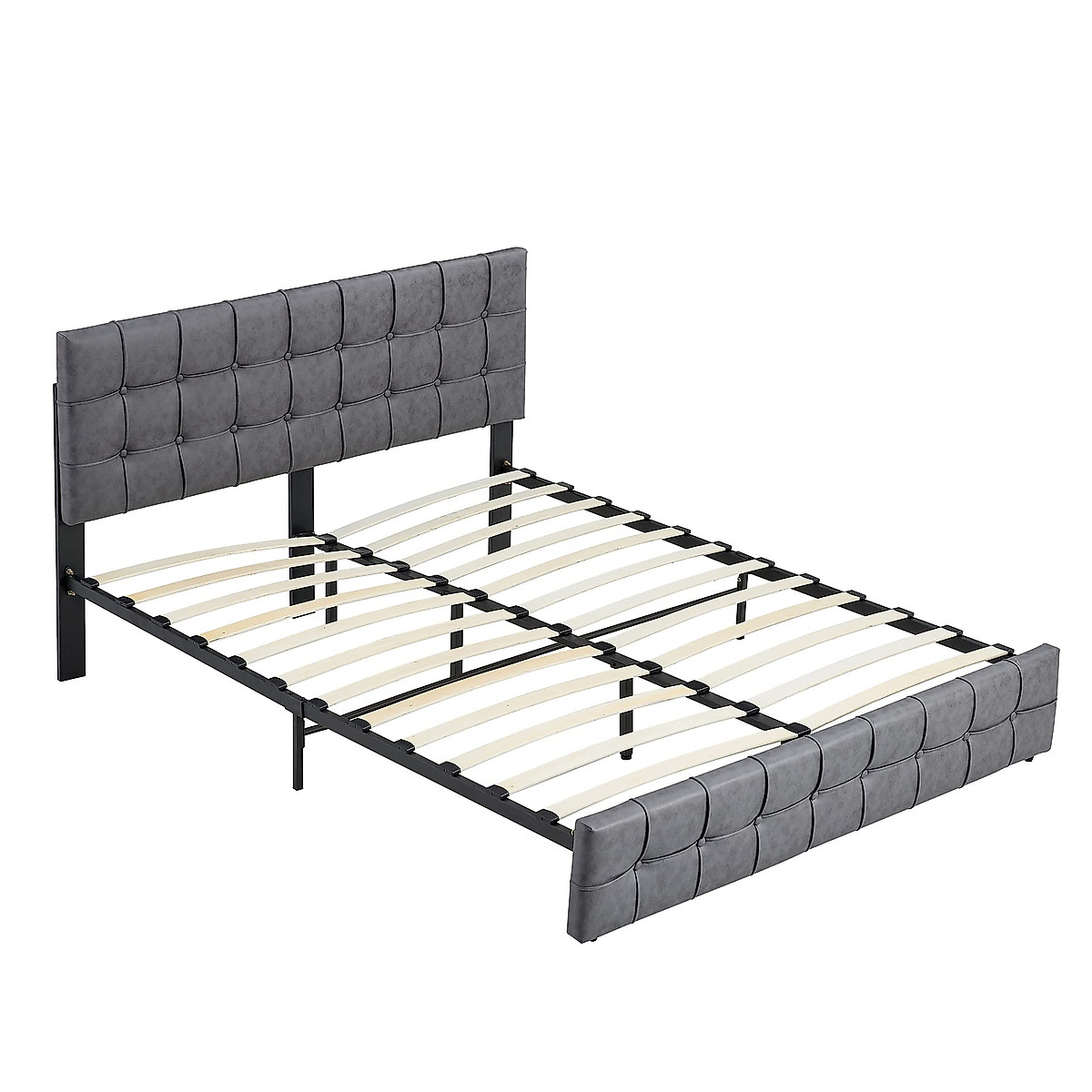 LAVHOME Size, Modern Upholstered Platform Adjustable Headboard, Heavy Duty Button Tech Cloth Bed Frame with Wood Slat Support, Easy Assembly, No Box Spring Needed (Grey, Queen (U.S. Standard)