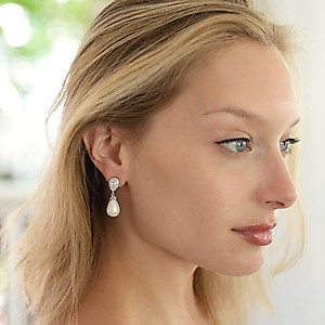 Mariell Pearl Bridal Wedding Clip-On Earrings for Bride, Pearl and CZ Non-Pierced Drop Bridal Earring