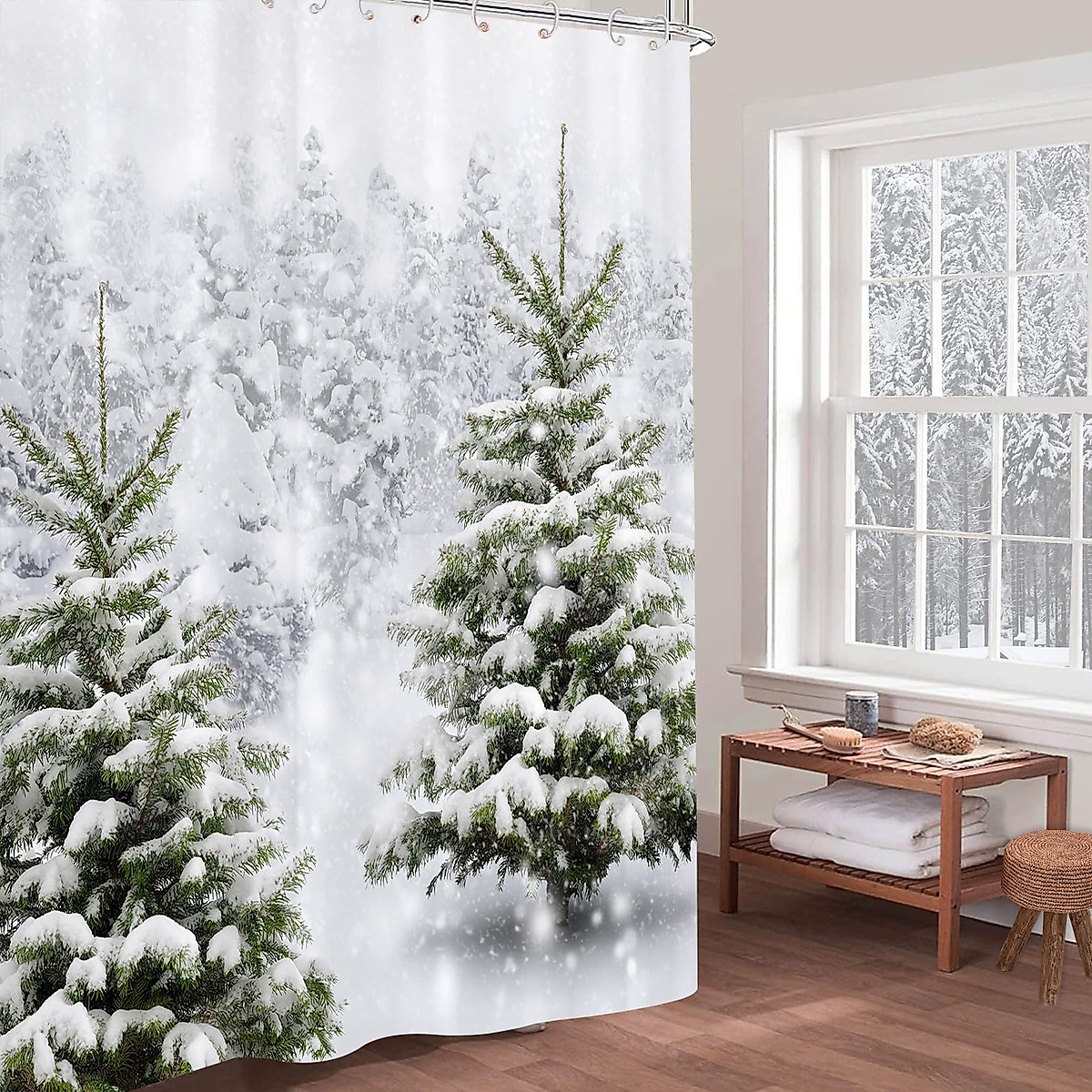 GOOESING Christmas Tree Shower Curtain Winter Forest Pine Tree Snowflake Snowfall Natural Scene Bathroom Shower Curtains for Bathtub Decoration with Hooks 60x72 Inch
