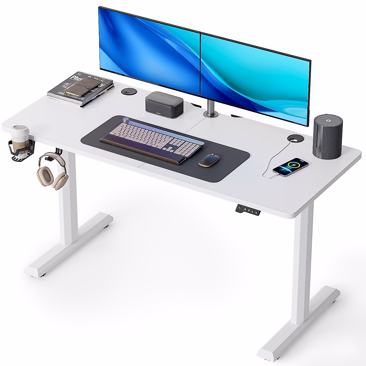 FEZIBO Height Adjustable Electric Standing Desk, 55 x 24 Inches Stand up Table, Sit Stand Home Office Desk with Splice Board, White