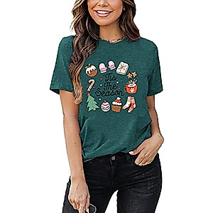Womens Christmas 'Tis The Season T-Shirt Funny Xmas Theme Print Round Neck Shirt Christmas Holiday Graphic Tee Tops Casual Blouse(A-Green L)