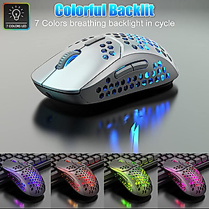NORMIA RITA 【Dual Modes】 Honeycomb Wireless Mouse Bluetooth and 2.4GHz Two Modes Connection Computer Mouse with 7 Colors Backlight Silent Mouse 4 DPI Levels for Gaming, Working