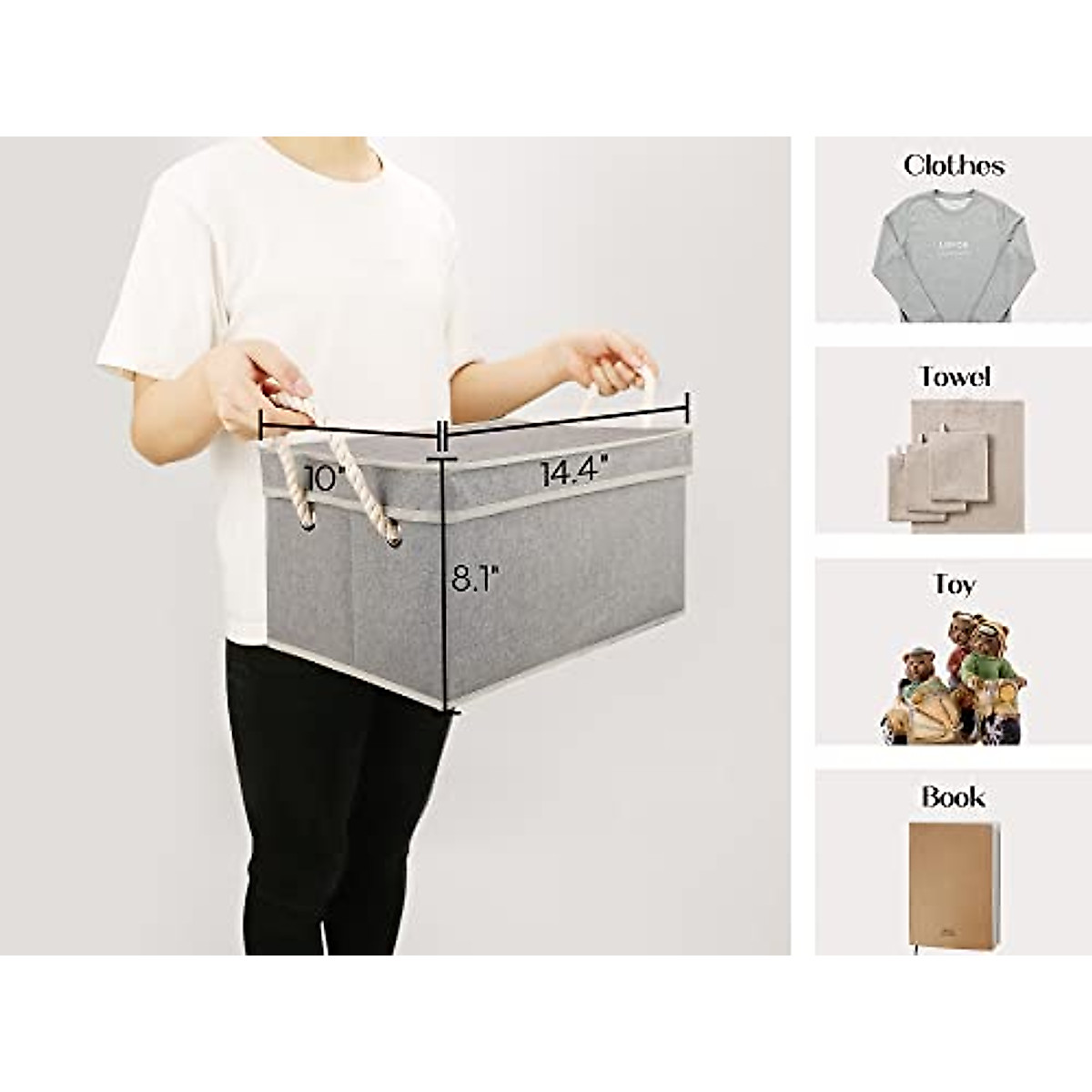LoforHoney Home Fabric Storage Bins with Lids for Organizing, Foldable Storage Boxes with Lids for Shelves, Clothes Baskets with Cotton Rope Handles, Closet Storage Bins, Large, Light Gray, 2-Pack