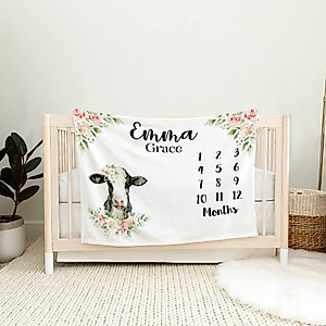 VibeCustom Personalized Baby Milestone Blanket, Monthly Baby Milestone Blanket, Cow Baby Blanket, Milestone Blanket for Baby Boy, Milestone Blanket for Baby Girl, Animal Print Baby Blanket