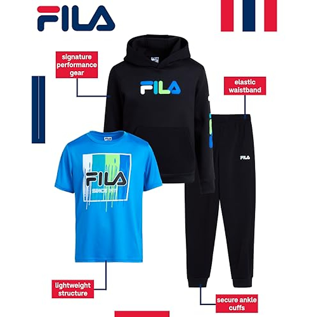 Fila Boys' Active Sweatsuit Set - 3 Piece Performance Hoodie Sweatshirt, Jogger Sweatpants, T-Shirt - Activewear Set (8-12), Size 10, Black