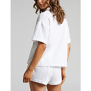 Kissonic Women's 2 Piece Outfits Track Suits Matching Sets Loungewear for Vacation Button Down Shirt and Shorts Set(White-M)