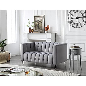 RORA&YANEAR Button Pull Sofa/Tufted Fabric Sofa/Transparent Acrylic Base Sofa(Grey)