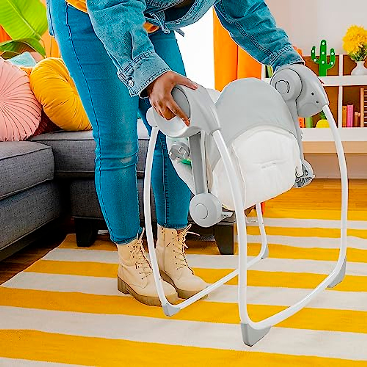 Bright Starts Portable Automatic 6-Speed Baby Swing with Adaptable Speed, Taggies, Music, Removable -Toy Bar, 0-9 Months 6-20 lbs (Whimsical Wild)