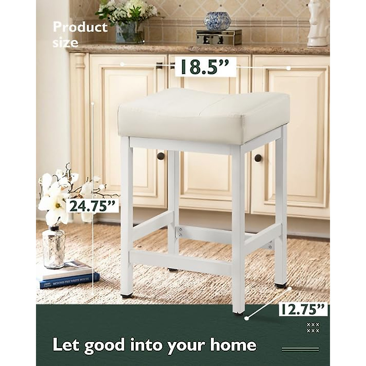 KATDANS Bar Stools Set of 2, 24" Counter Height Saddle Bar Stools, Upholstered PU Leather Bar Stools for Kitchen Island, Mid Century Modern Backless Barstools with Metal Base, KS861P-Cream, 2Pcs