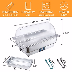 Electric Chafing Dish 9 QT Adjustable 0°C~100°C Roll Top Full Size Auto ShutOff Stainless Steel Buffet Servers and Warmers, Temp Display Programmable Food Warmer Transparent Lid Chafers for Catering