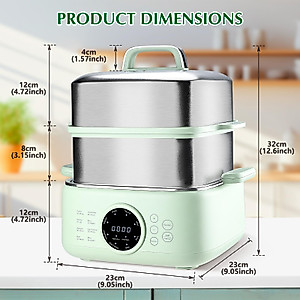spoonlemon Electric Food Steamer, 9.3L 2-Tier Digital Steamers for Cooking with 24H Booking & 6H Auto Warming, 8 Modes Fast Heating Vegetable Steamers Stainless Steel with Boil Dry Protection, Green