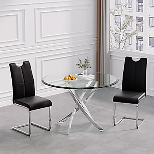 36" Round Dining Table for 4, Glass Kitchen & Dining Room Tables, Modern Circle Dining Room Table w/0.39" Tempered Glass Tabletop,Silver Finish Stainless Steel Legs for Dinner Small Space(No Chairs)