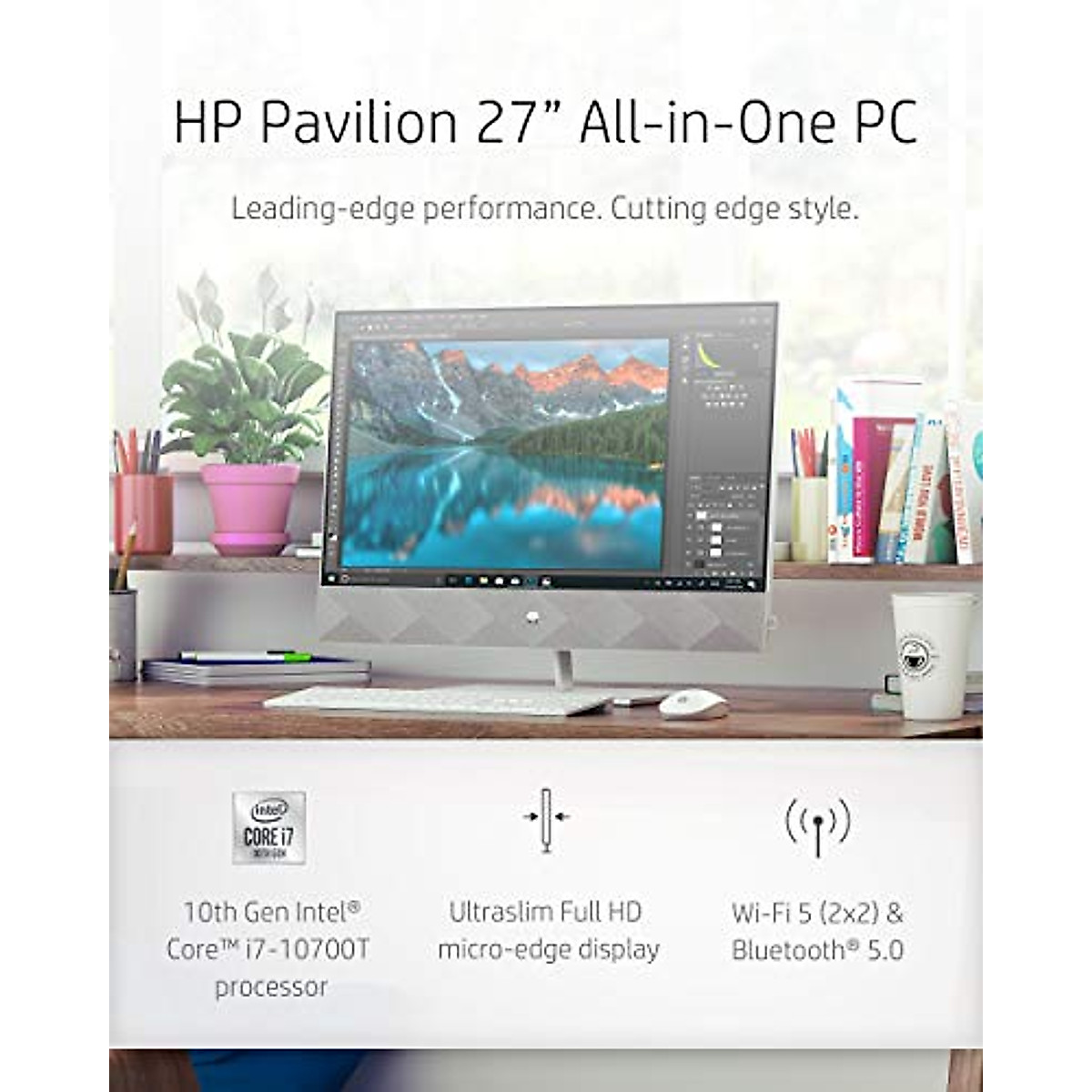 HP Pavilion 27-inch All-in-One Desktop, 10th Gen Intel i7-10700T Processor, 16 GB RAM, 1 TB SSD Storage, Full HD IPS Touchscreen, Windows 10 Home, Wireless Keyboard and Mouse Combo (27-d0080, 2020)