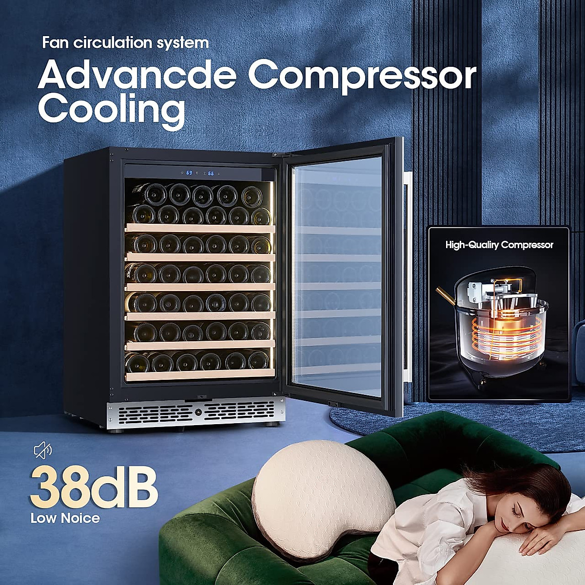 Vesgolden Undercounter Wine Fridge - Compact 24-Inch Wide, Powerful & Quiet Compressor, 53 Bottle Capacity - Perfect for Red, White & Sparkling Wines, Champagne