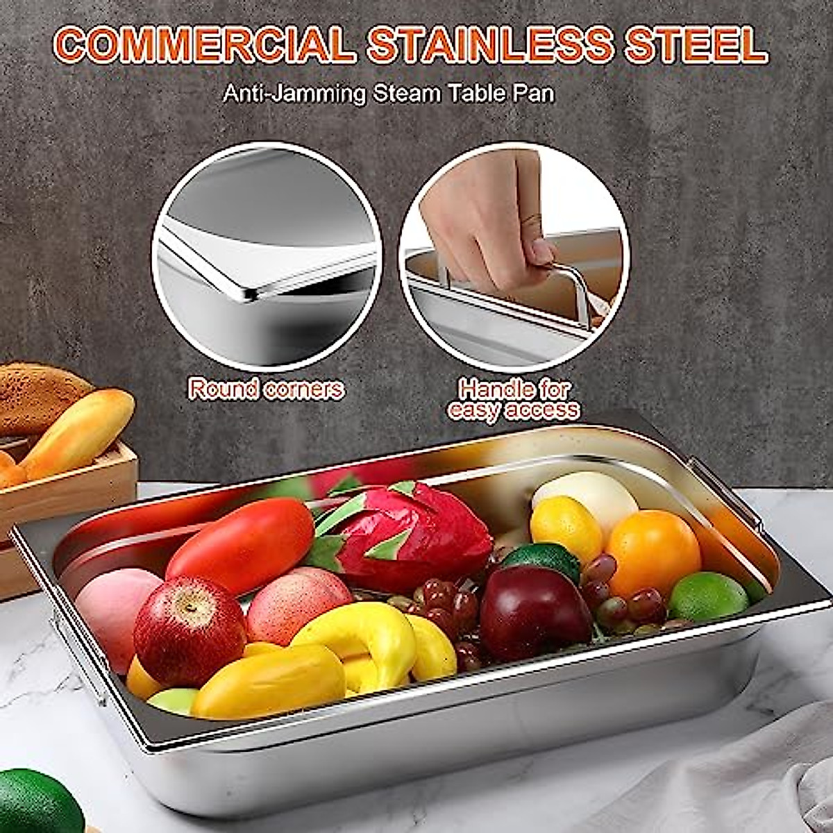 8 Pcs Hotel Pan Full Size 4 Inch Deep Restaurant Stainless Steel Steam Table Pan with Handle for Commercial Hotel Food Buffet Event Catering Supplies
