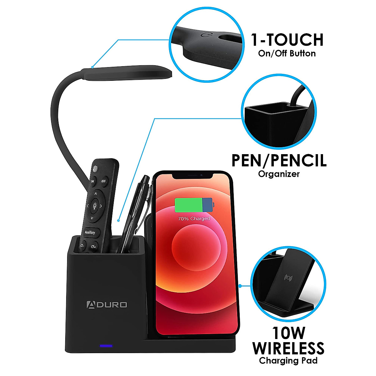 Aduro U-Light LED Desk Lamp Organizer Desk Light with Pen Holder & QI Wireless Charger Stand Black