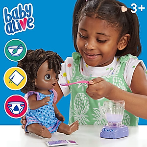 Baby Alive Magical Mixer Baby Doll Blueberry Blast with Blender Accessories, Drinks, Wets, Eats, Black Hair Toy for Kids Ages 3 and Up
