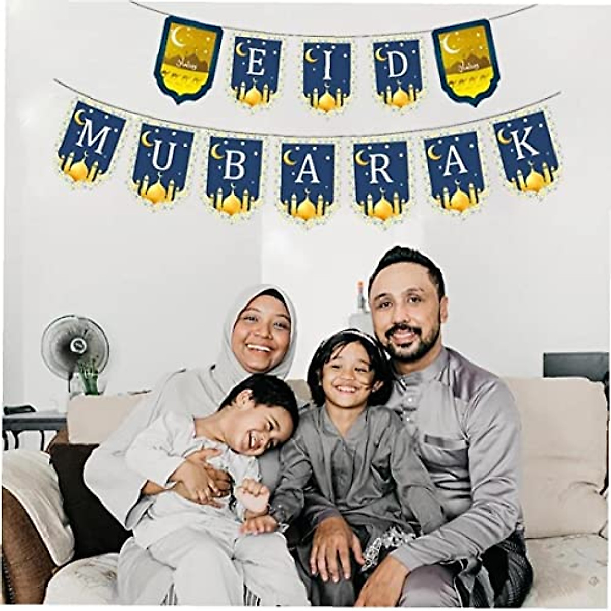Froiny Eid Mubarak Bunting Banner Blue Muslim Islamic Decorations with Star and Moon Garlands for Ramadan Kareem Party Supplies