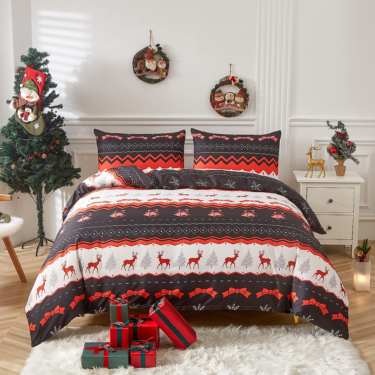 LAMEJOR Christmas Duvet Cover Set Queen Size Soft, Christmas Theme Reindeers/Bells/Christmas Trees Pattern Holiday Decor, 1 Duvet Cover+2 Pillow Cases