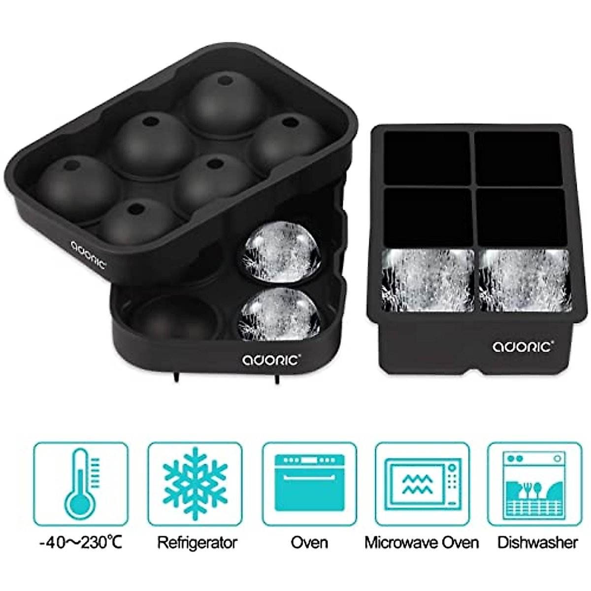 Ice Cube Tray, Large Square Ice Tray and Sphere Ice Ball Maker with Lid for Whiskey, Reusable and BPA Free (Silicone Ice Cube Molds Set of 2)