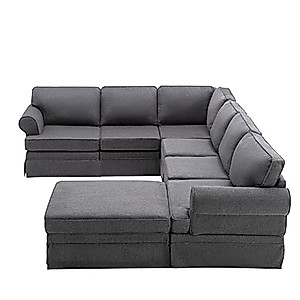 Evedy Modern Upholstered Fabric Modular Sectional Sofa, L-Shaped Couch with Removable Ottoman for Living Room, Bedroom or Office, Dark Gray c