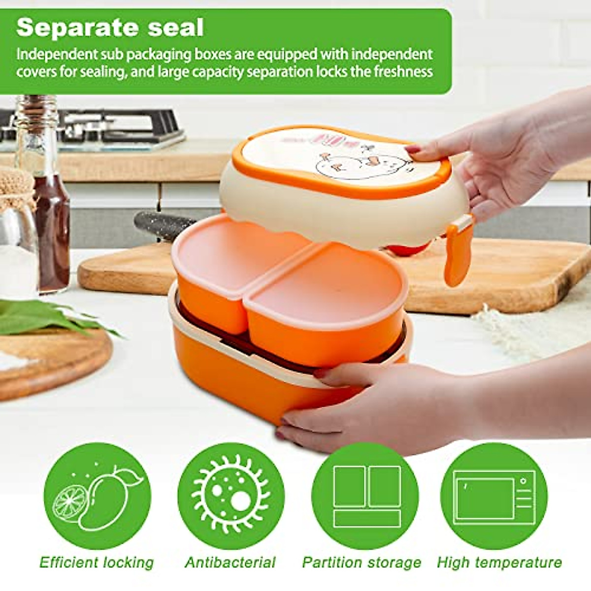 PUOENFGR Bento Lunch Box,Large Capacity Double Layer stacking with Handle with Adults,Microwave Can Be Used,Comes with Three-Piece Cutlery Set,BPA-Free,Great for Camping,Work(Moe Force Brown)