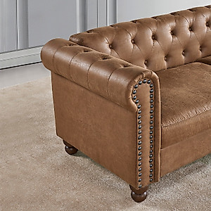 EMKK 105" L-Shape Sofa Couch with Chaise Lounge,Modern Linen Fabric Upholstery Sectional Sofá with Storage Ottoman 2 Pillows for Living Room Furniture Set, Apartment and Large Space, Brown