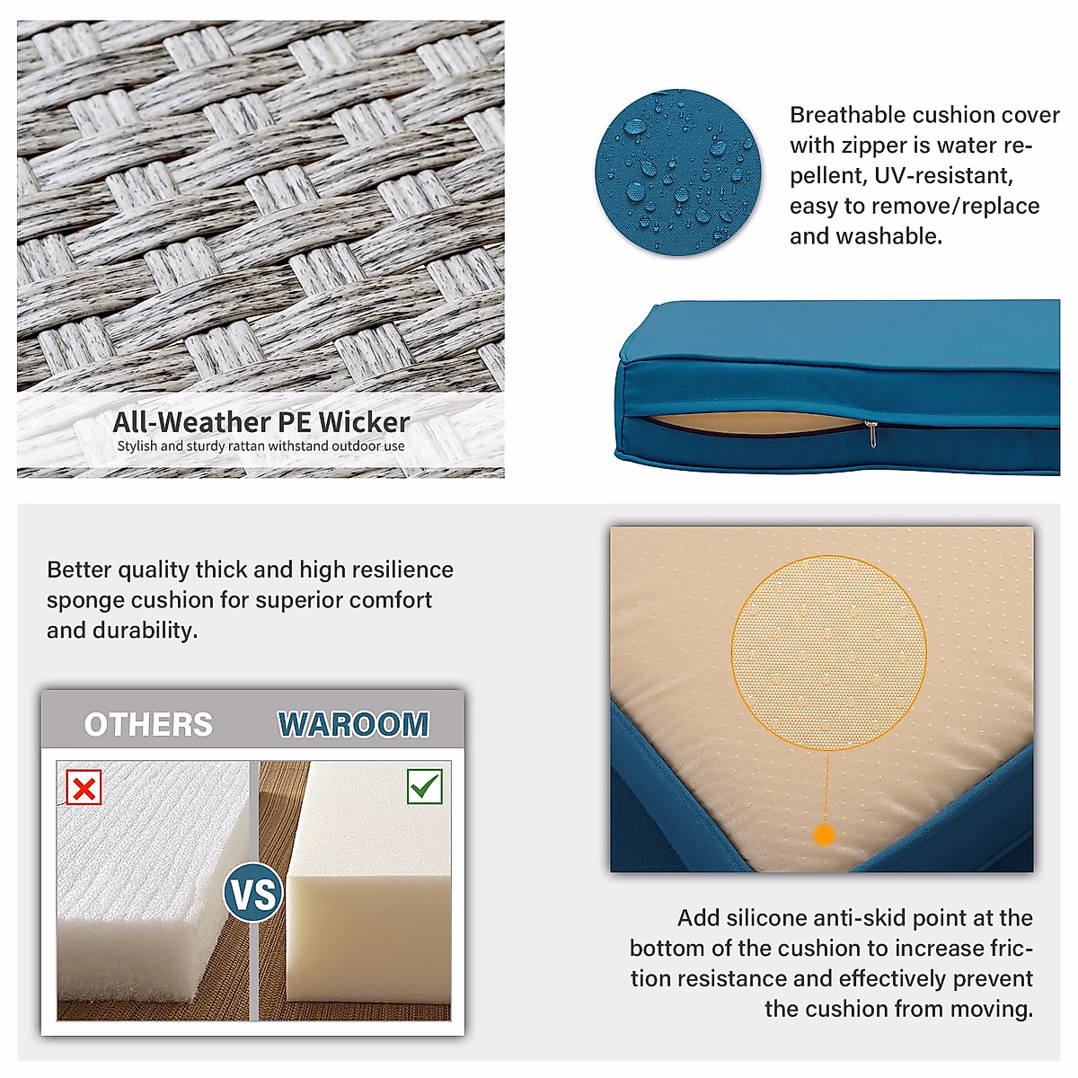 WAROOM Outdoor Couch 3 Seater Wicker Patio Sofa Grey Rattan Deep Seat Balcony Furniture Porch Seating with Peacock Blue Cushion