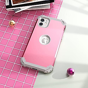 IDweel iPhone 11 Case with Screen Protector(Tempered Glass), Hybrid 3 in 1 Shockproof Slim Fit Heavy Duty Protection Hard PC Cover Soft Silicone Bumper Full Body Case,Pink/Light Grey