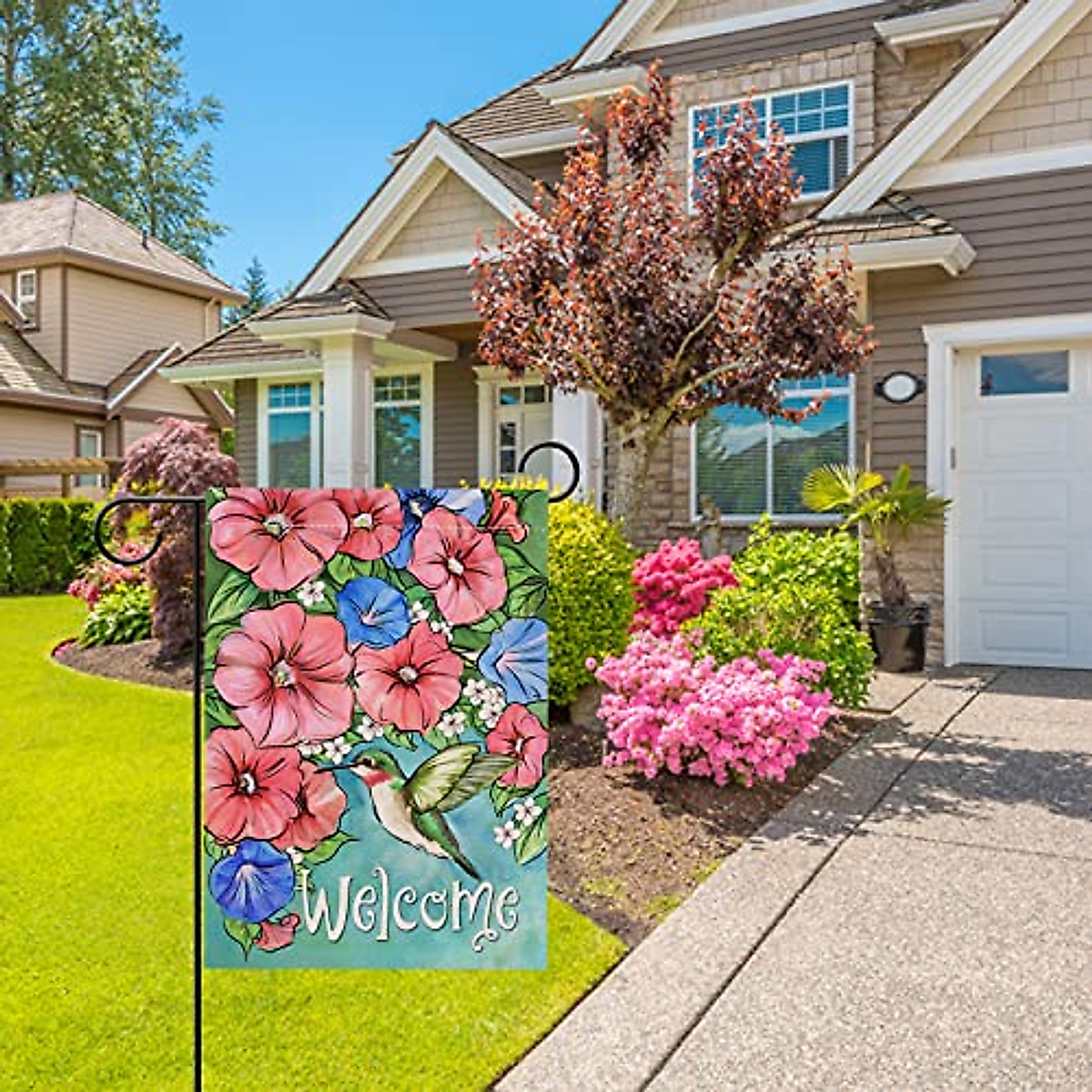 Hzppyz Welcome Spring Floral Flowers Garden Flag Double Sided, Morning Glory Hummingbird Birds Decorative Yard Outdoor Home Small Decor, Summer Farmhouse Burlap Outside House Decoration 12 x 18